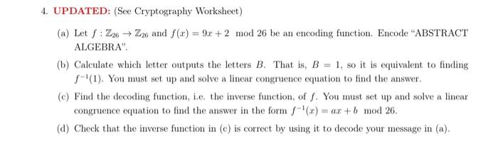 4. UPDATED: (See Cryptography Worksheet) (a) Let | Chegg.com
