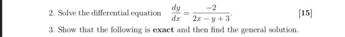 Solved -2 2. Solve the differential equation dy dx 2x - y + | Chegg.com