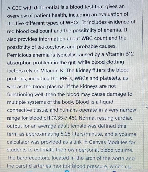 Solved A CBC with differential is a blood test that gives an | Chegg.com