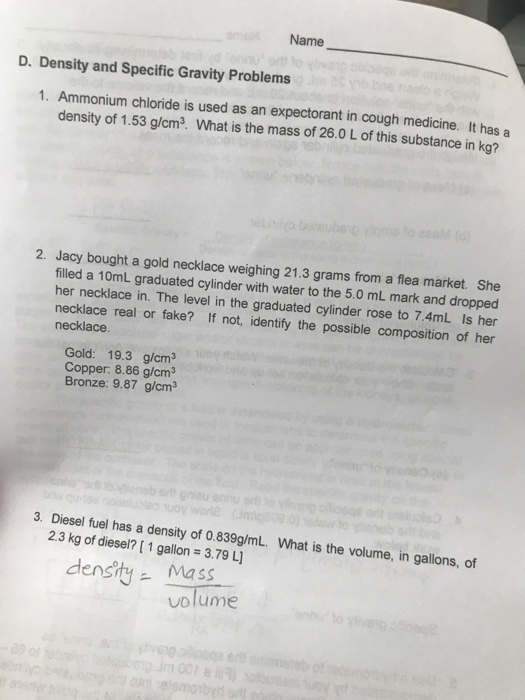 Solved Name D. Density and Specific Gravity Problems 1. | Chegg.com