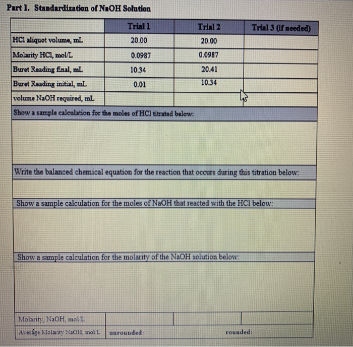 Solved Part 1. Standardization of NaOH Solution Trial 3 (if | Chegg.com