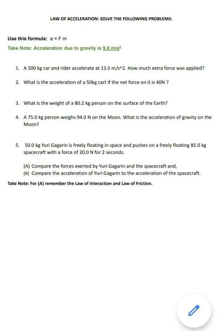 Solved Use this formula: a=F m Take Note: Acceleration due | Chegg.com