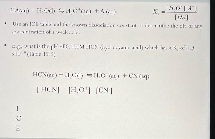 Solved HA(aq)+H2O(l)⇋H3O+(aq)+A(aq)Ka=[HA][H3O+][A−] - Use | Chegg.com