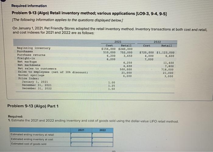 Solved Required information Problem 9-13 (Algo) Retail | Chegg.com