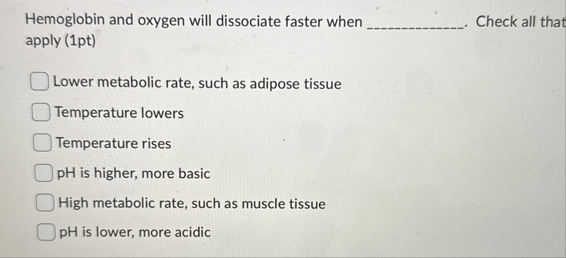 Solved Hemoglobin and oxygen will dissociate faster | Chegg.com