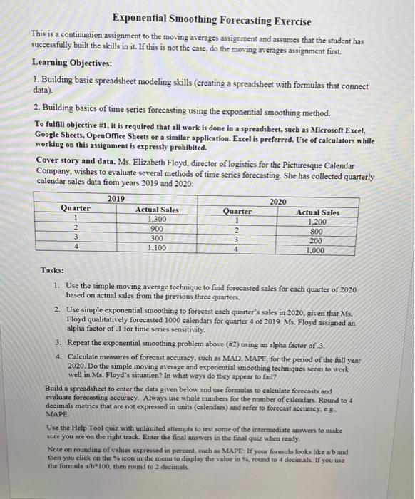 Solved Exponential Smoothing Forecasting Exercise This is a | Chegg.com
