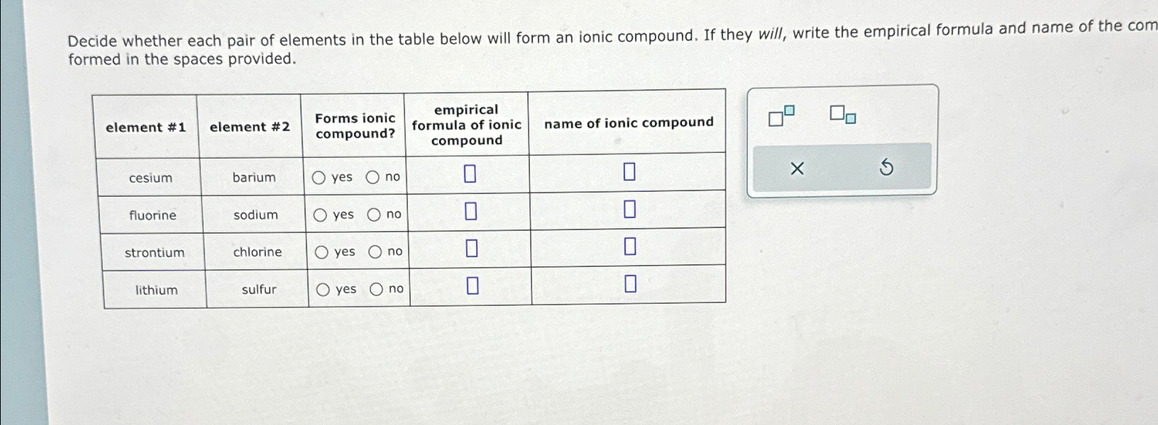 Solved Decide whether each pair of elements in the table | Chegg.com