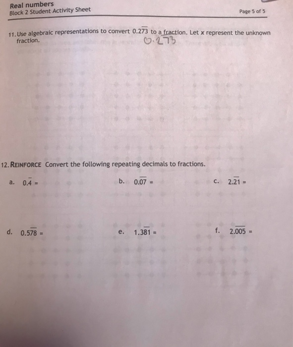 Solved Real numbers Block 2 Student Activity Sheet Page 5 of | Chegg.com