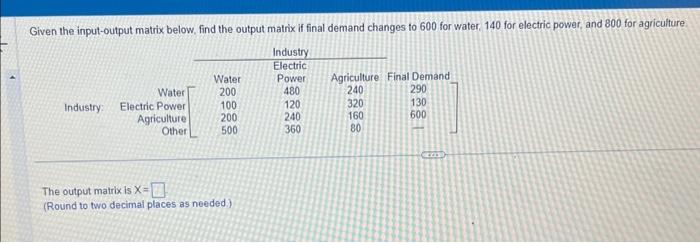Solved Given the input-output matrix below, find the output | Chegg.com