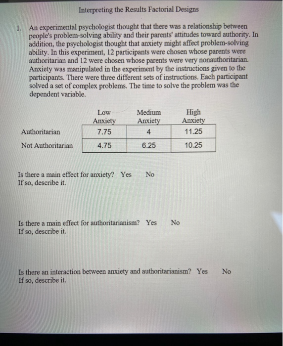 Solved Interpreting the Results Factorial Designs 1. An | Chegg.com