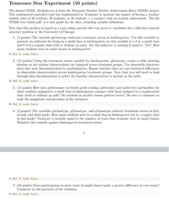 Tennessee Star Experiment (50 points) The dataset | Chegg.com