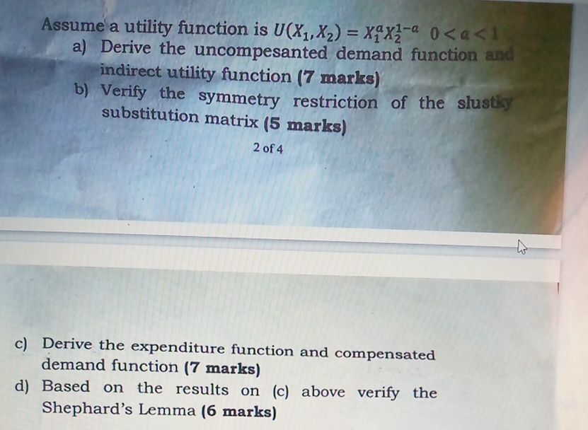 Solved Assume a utility function is | Chegg.com