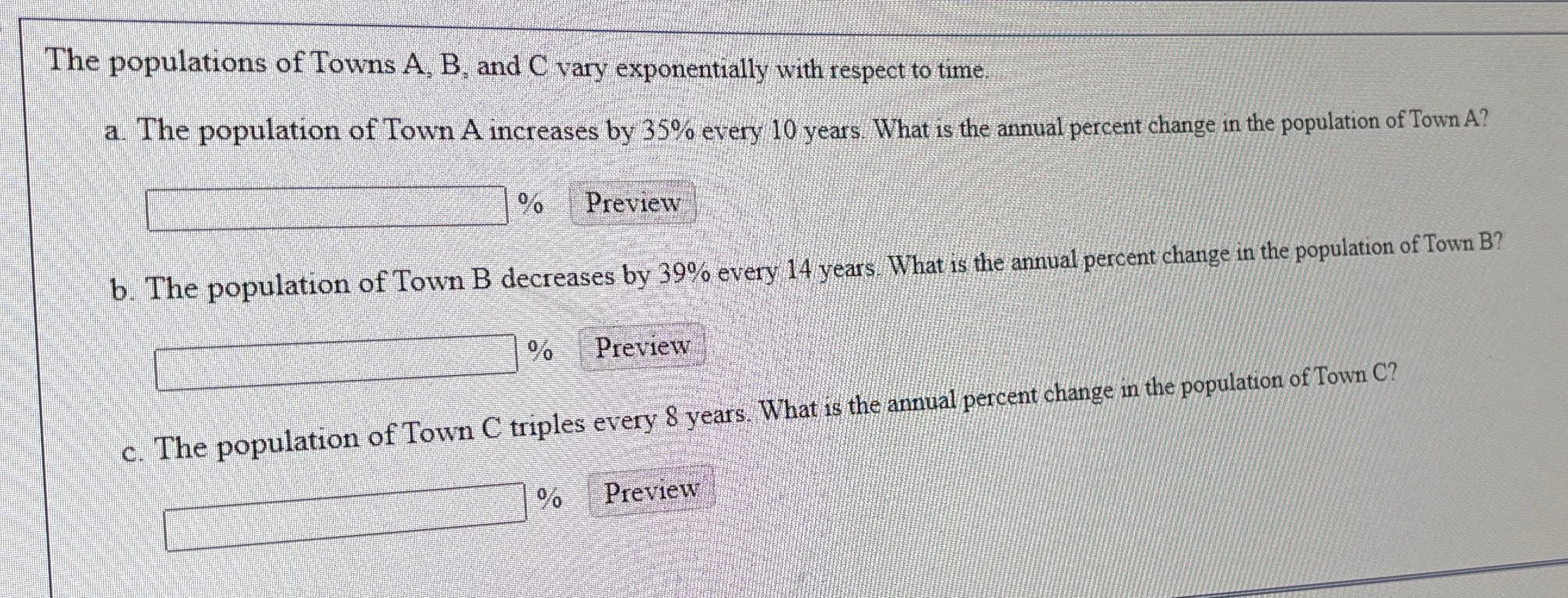 Solved The populations of Towns A, ﻿B, ﻿and C vary | Chegg.com