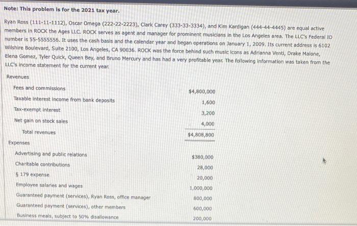 Note: This problem is for the 2021 tax year. Ryan | Chegg.com