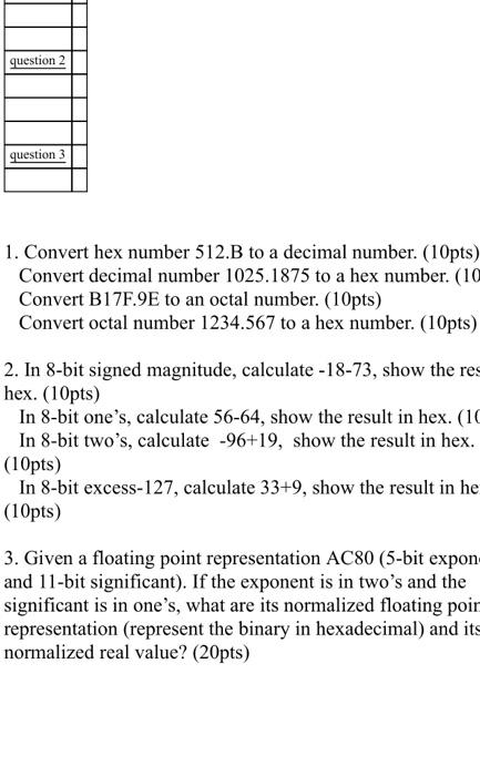 Solved question 2 question 3 1. Convert hex number 512.B to | Chegg.com