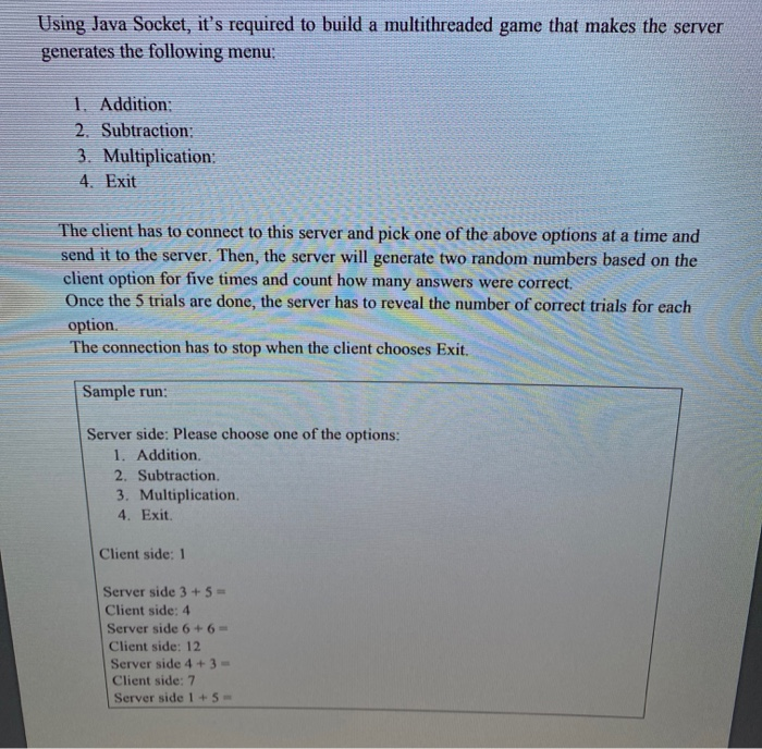 Solved Using Java Socket, it's required to build a | Chegg.com