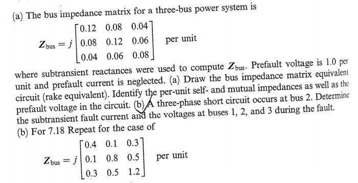 Solved (a) The bus impedance matrix for a three-bus power | Chegg.com