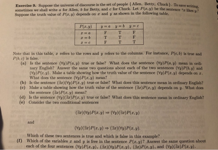 Solved Exercise 9. Suppose the universe of discourse is the | Chegg.com