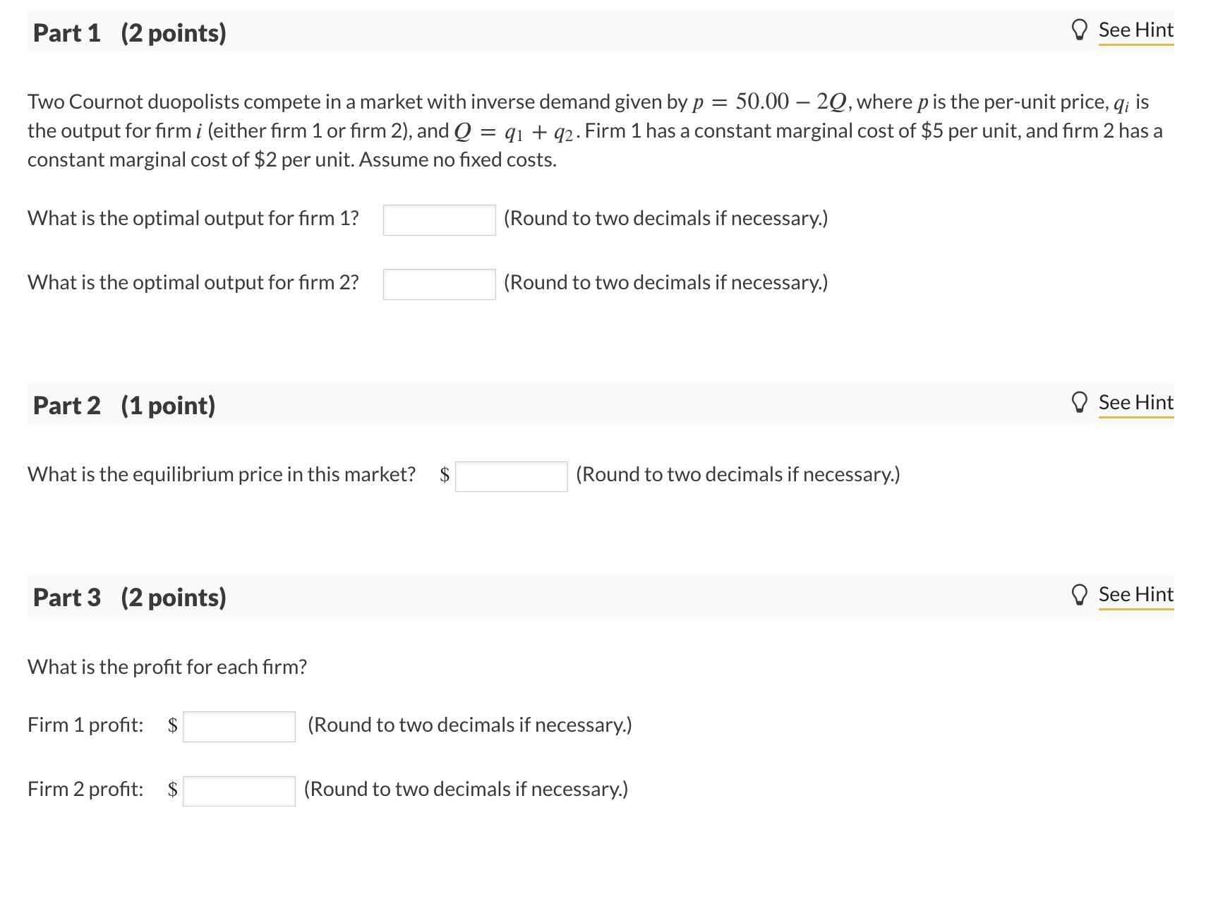 Solved Part 1 (2 ﻿points)Two Cournot duopolists compete in a | Chegg.com