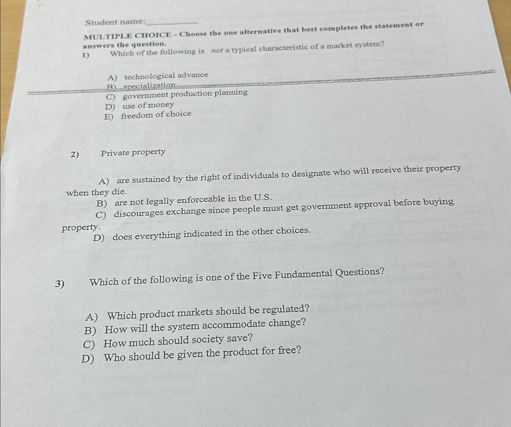 Solved Student name:MULTIPLE CHOICE-Choose the one | Chegg.com