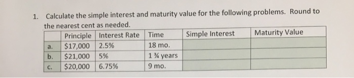 Solved 1. Calculate the simple interest and maturity value | Chegg.com
