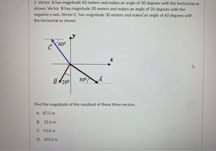Solved 1. Vector A has magnitude 65 meters and makes an | Chegg.com