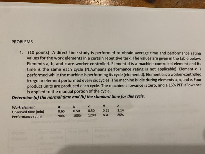 Solved PROBLEMS 1. (10 points) A direct time study is | Chegg.com