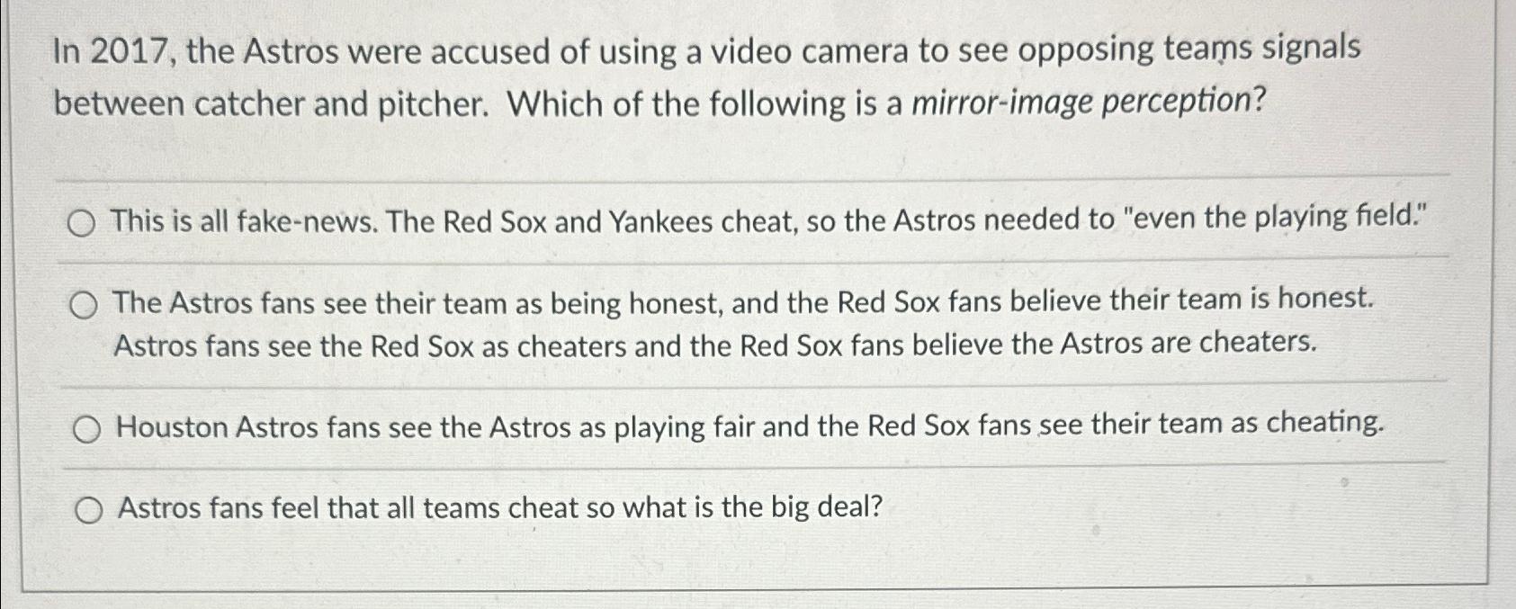 Solved In 2017 , ﻿the Astros were accused of using a video | Chegg.com