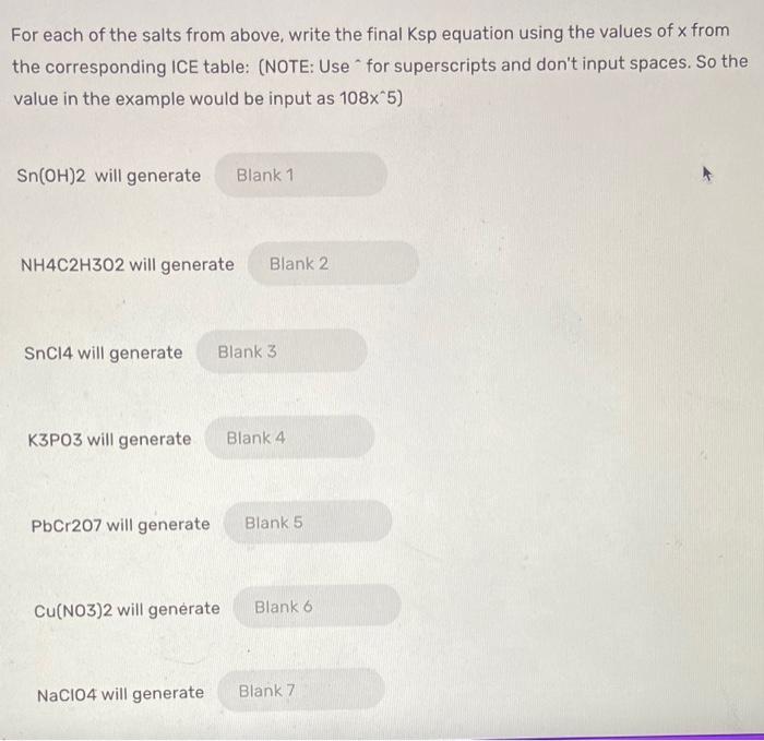 Solved For each of the salts from above, write the final Ksp | Chegg.com