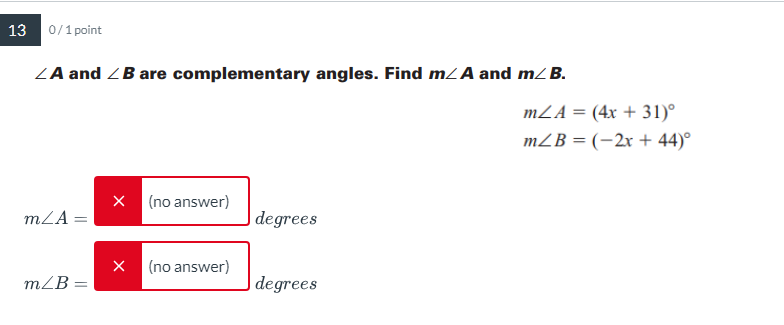 Solved ??A ﻿and ??B ﻿are complementary angles. Find m?A ﻿and | Chegg.com