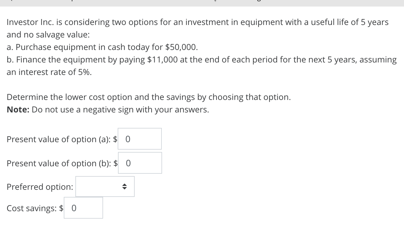 Solved Investor Inc. is considering two options for an | Chegg.com
