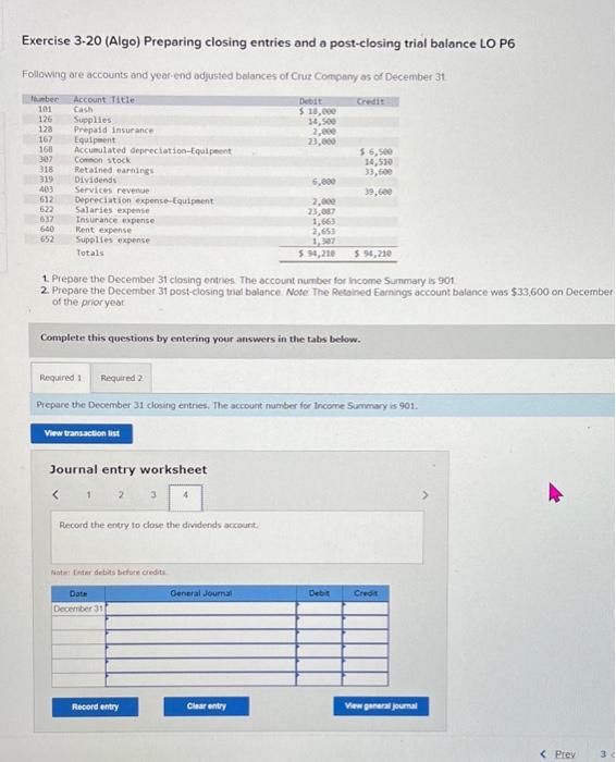 Solved S Exercise 3-20 (Algo) Preparing closing entries and | Chegg.com