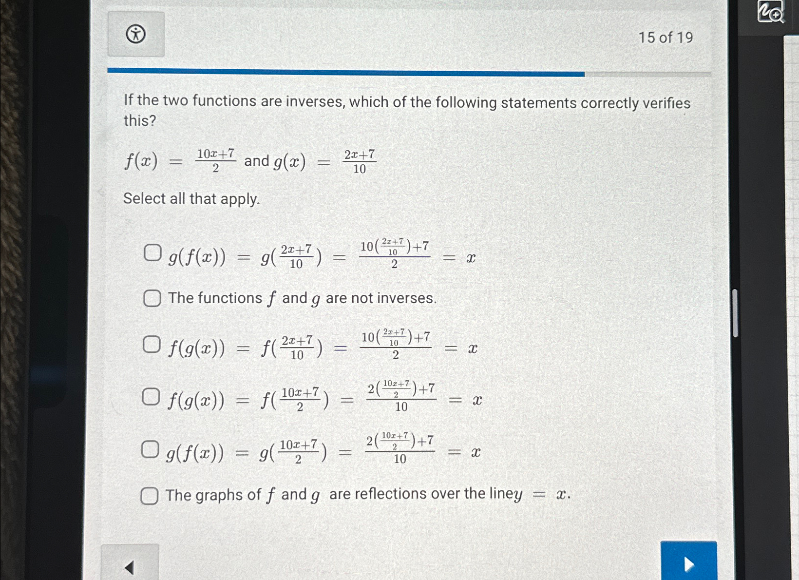 Solved If the two functions are inverses, which of the | Chegg.com