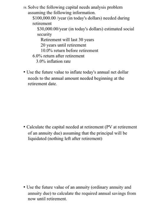 Solved 58. Solve the following capital needs analysis | Chegg.com