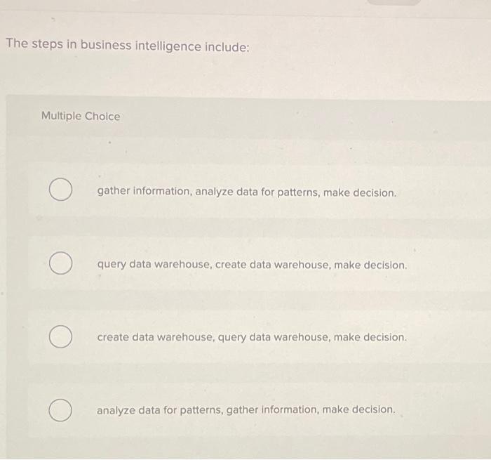 Solved The steps in business intelligence include: Multiple | Chegg.com