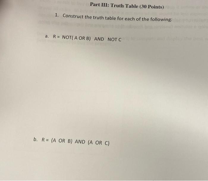 Solved Part III: Truth Table (30 Points) 1. Construct the | Chegg.com
