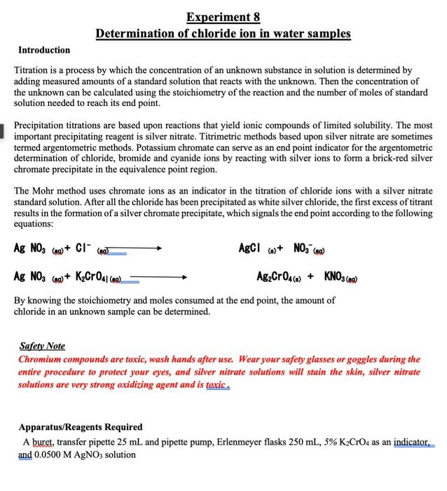 Solved Experiment 8 Determination of chloride ion in water | Chegg.com