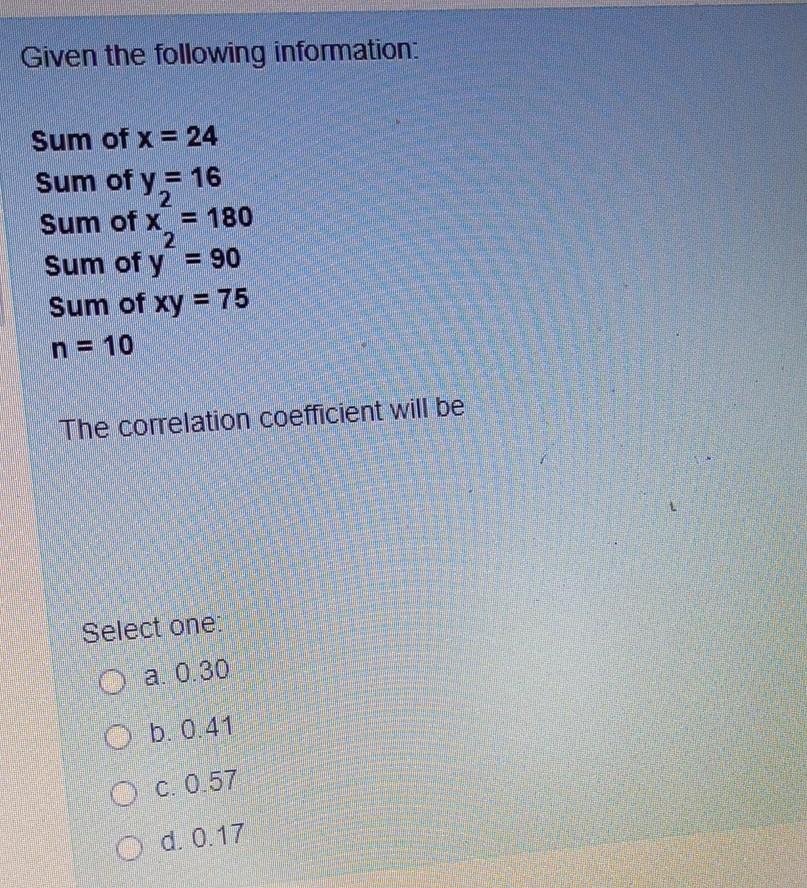 Solved Given the following information: Sum of x = 24 Sum of | Chegg.com
