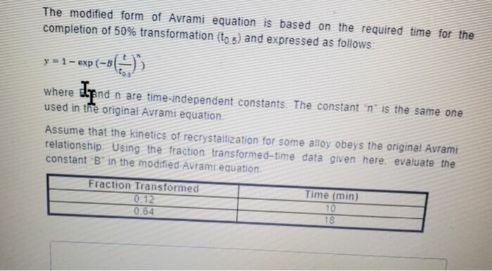 Solved The modified form of Avrami equation is based on the | Chegg.com