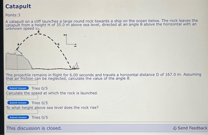 Solved A catapult on a cliff launches a large round rock | Chegg.com