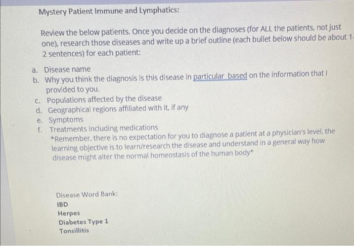Solved Mystery Patient Immune and Lymphatics: Review the | Chegg.com