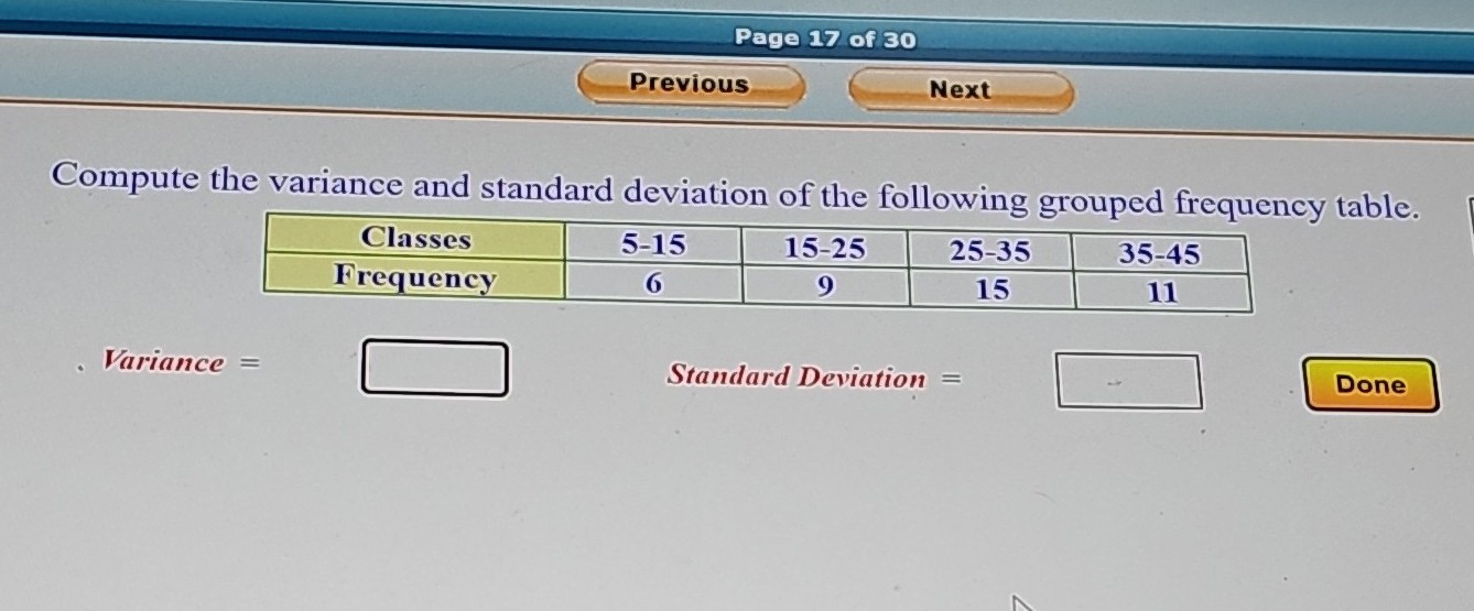 Solved Page 17 ﻿of 30NextCompute the variance and standard | Chegg.com