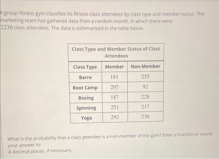 Solved A group fitness gym classifies its fitness class | Chegg.com