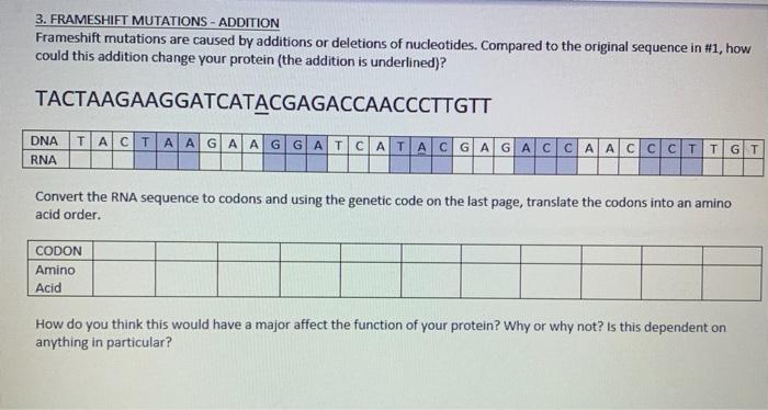 Solved 3. FRAMESHIFT MUTATIONS - ADDITION Frameshift | Chegg.com