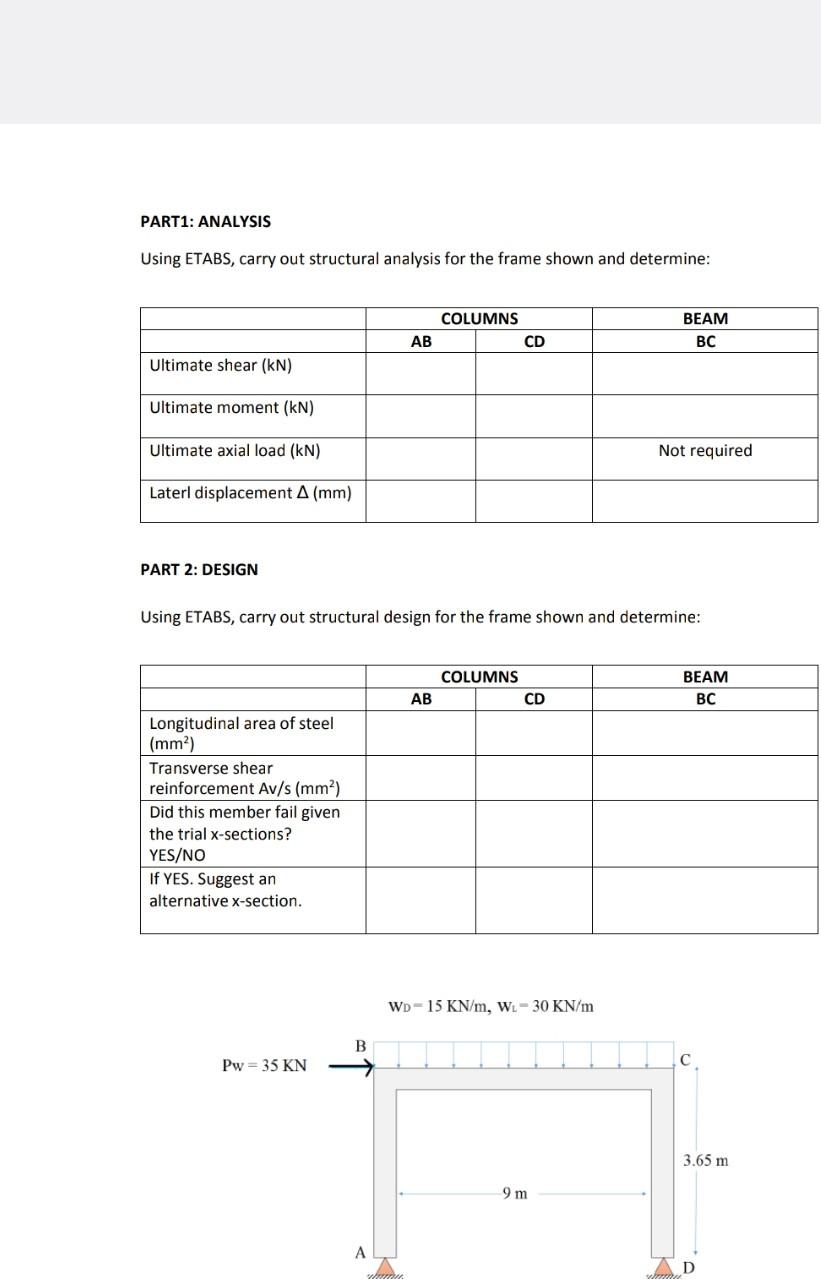 Solved PART1: ANALYSIS Using ETABS, carry out structural | Chegg.com