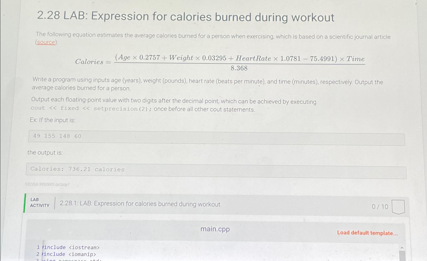 Solved 2.28 ﻿LAB: Expression for calories burned during | Chegg.com