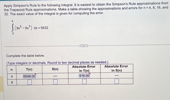Solved Apply Simpson's Rule to the following integral. It is | Chegg.com