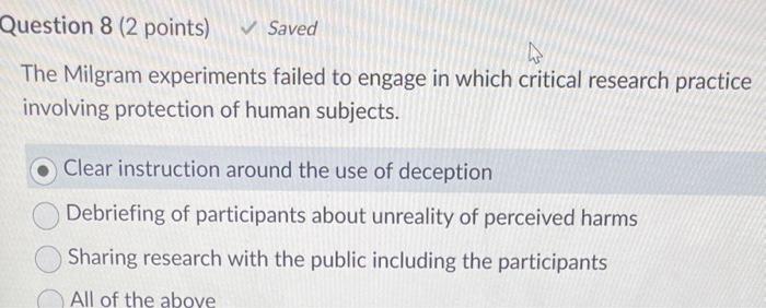 Solved The Milgram experiments failed to engage in which | Chegg.com