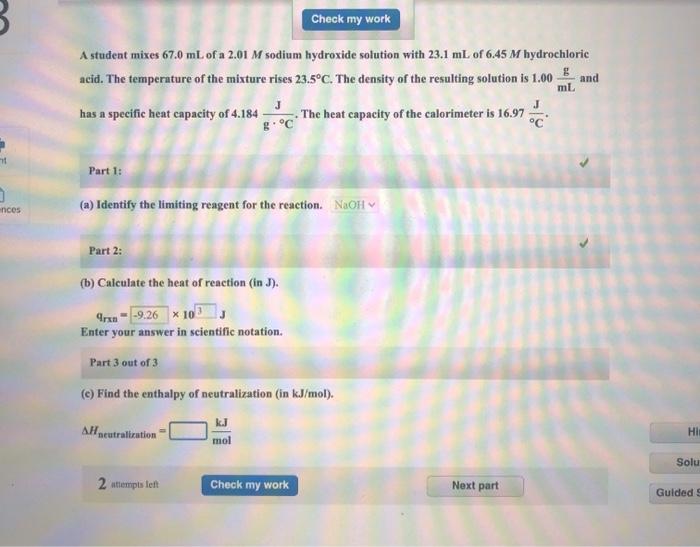 Solved Check my work A student mixes 67.0 mL of a 2.01 M | Chegg.com