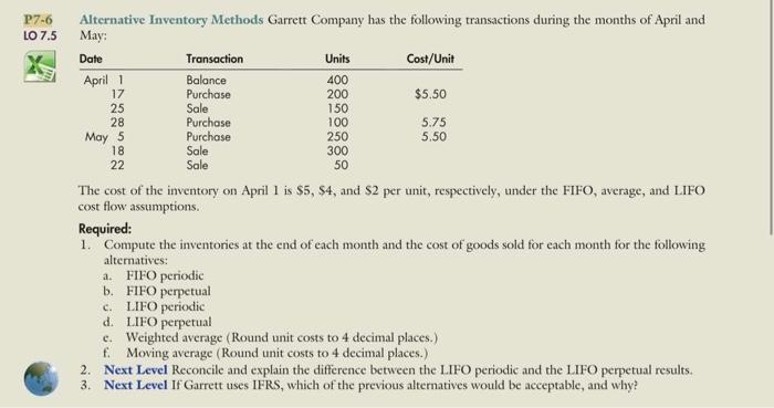 Solved P7-6 LO 7.5 . 17 18 Alternative Inventory Methods | Chegg.com